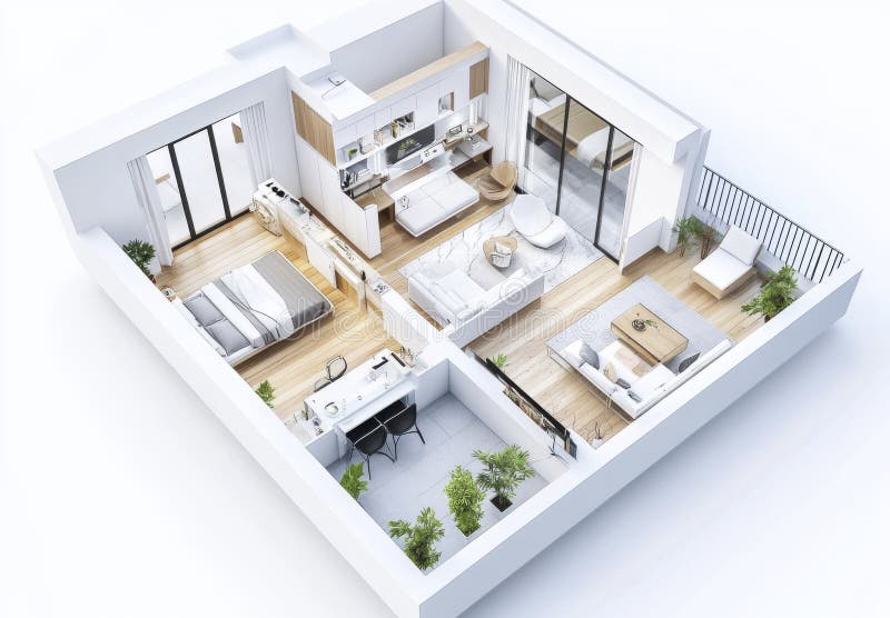 Modern Minimalist Apartment Floor Plan Isometric 3D Rendering Stock ...