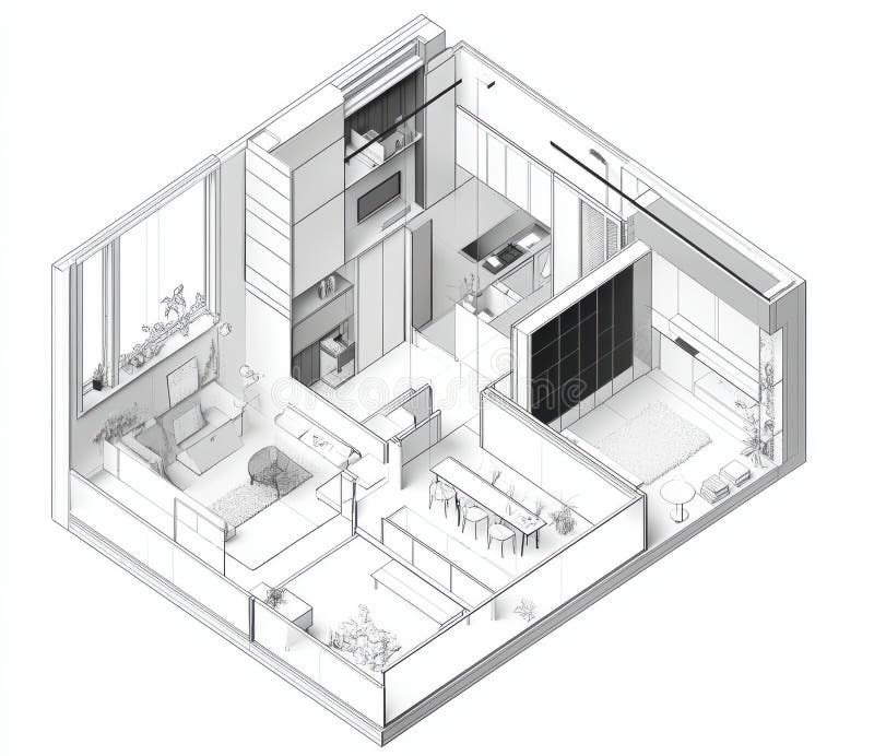 Modern Minimalist Apartment Isometric GrayScale Rendering Stock Illustration - Illustration of ...