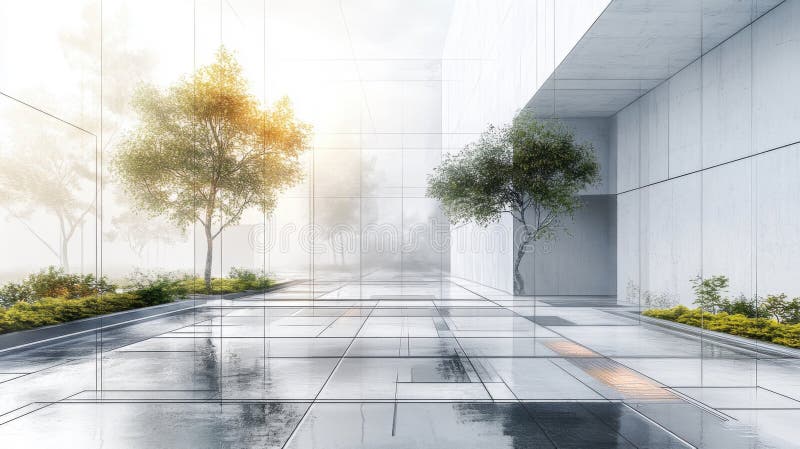 Modern Minimalist Architectural Courtyard with Reflective Surfaces and ...
