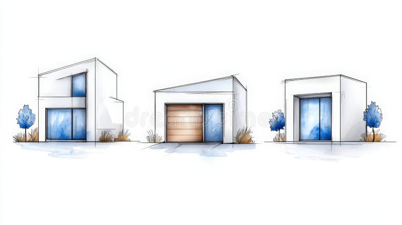 Modern Minimalist Architectural Sketches of Three Distinct Building ...