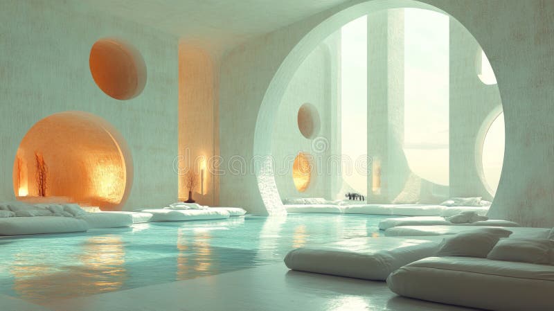 Modern Minimalist Architecture with Circular Windows and Pool Stock ...