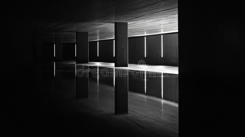 Modern Minimalist Architecture: Dark Hallway with Reflections and ...