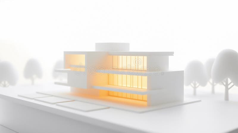 Modern Minimalist Architecture Model with Warm Interior Lighting in ...