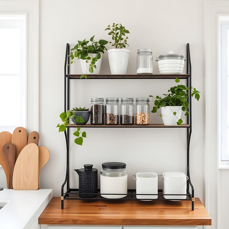 A Modern Minimalist Bakers Rack in a Kitchen with Clean Lines Holding ...
