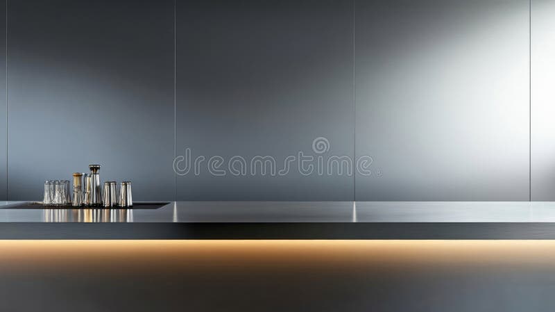Modern Minimalist Bar Counter with Metal Surface and Warm Lighting ...