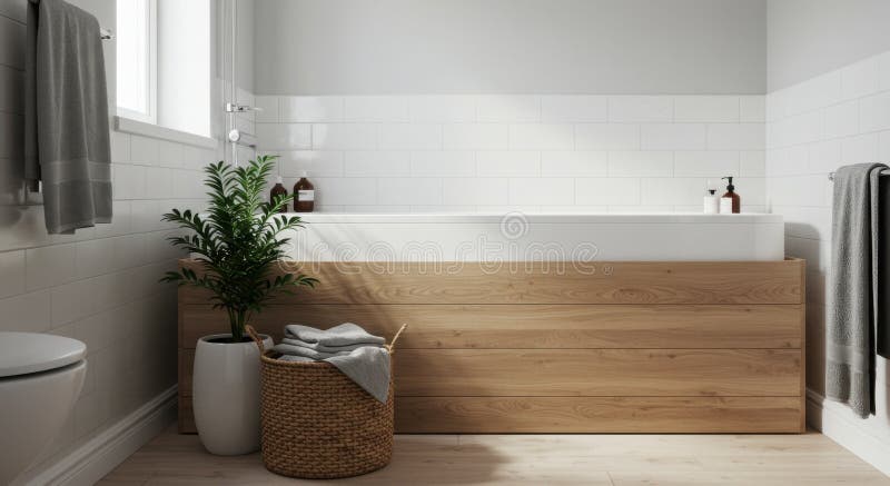 Modern Minimalist Bathroom Interior with Wooden Bathtub Panel and ...