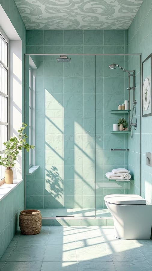 Modern Minimalist Bathroom with Turquoise Tiles and Glass Shower ...