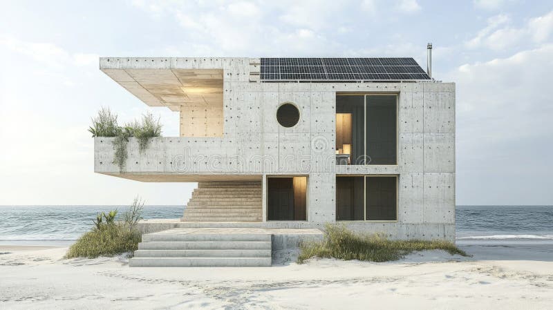 Modern Minimalist Beach House with Concrete Facade Stock Illustration ...