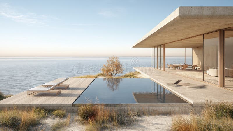 Modern Minimalist Beach House with Infinity Pool and Ocean View Stock ...