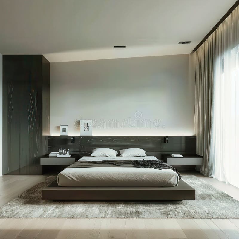 Modern Minimalist Bedroom Bed with Headboard Stock Image - Image of ...