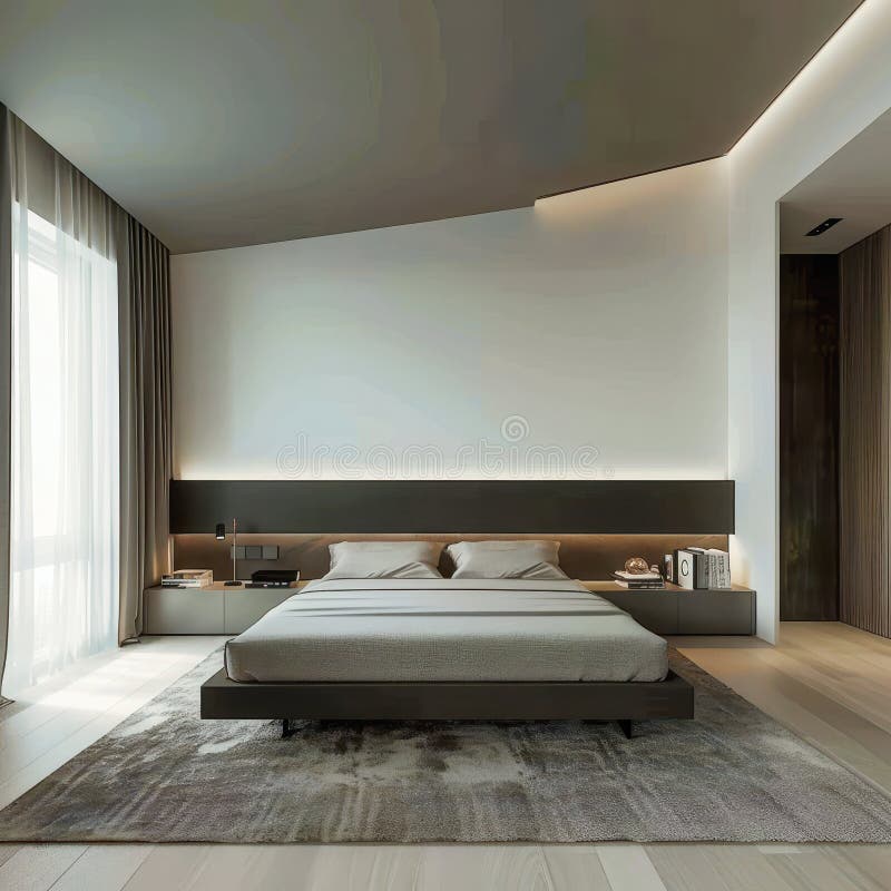 Modern Minimalist Bedroom Bed with Headboard Stock Image - Image of ...