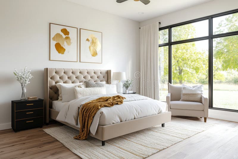 Modern Minimalist Bedroom with Beige Decor and Large Windows Stock ...