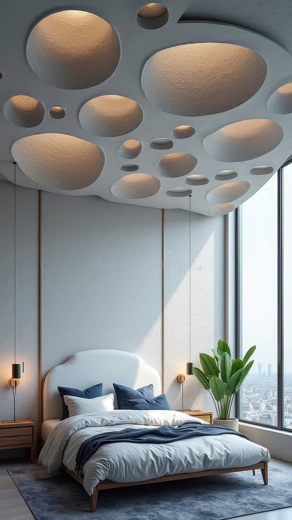 Modern Minimalist Bedroom with Circular Ceiling Design Overlooking ...