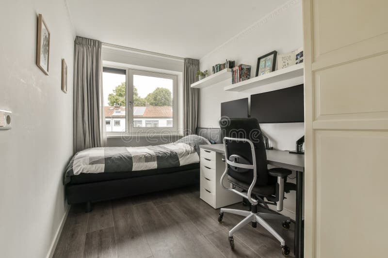 Modern Minimalist Bedroom with Desk Stock Photo - Image of textiles ...