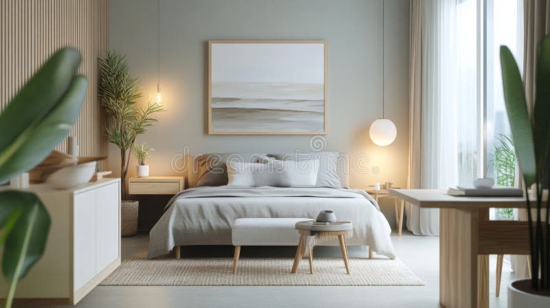 Modern Minimalist Bedroom Interior Design with Neutral Colors Stock ...