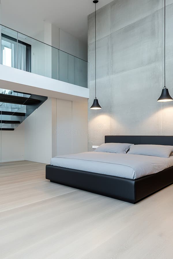 Modern Minimalist Bedroom with Loft and Sleek Design Elements Stock Image - Image of loft ...
