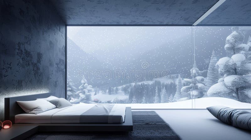 Modern Minimalist Bedroom with Panoramic Window View of Snow Falling on ...