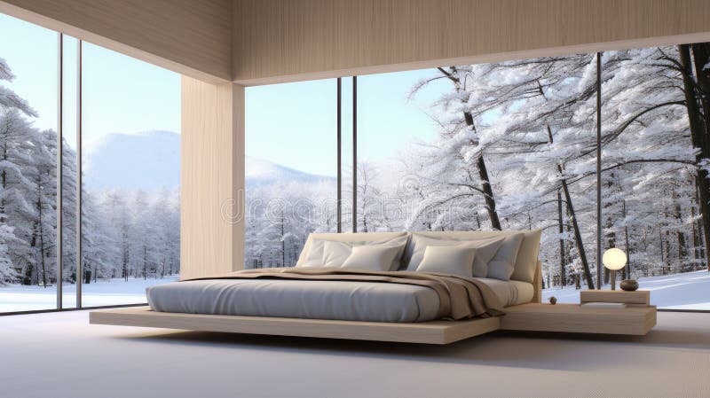 Modern Minimalist Bedroom with Snow-Covered Winter Landscape View Stock ...