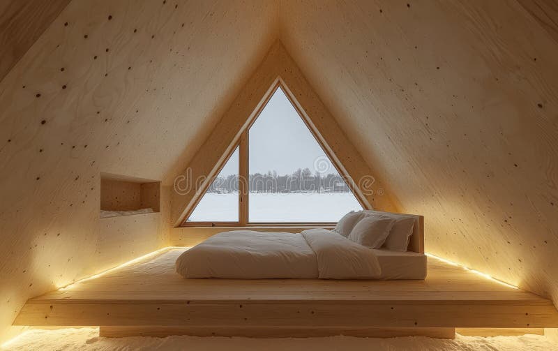 Modern Minimalist Bedroom with Triangular Window in a Serene Winter ...