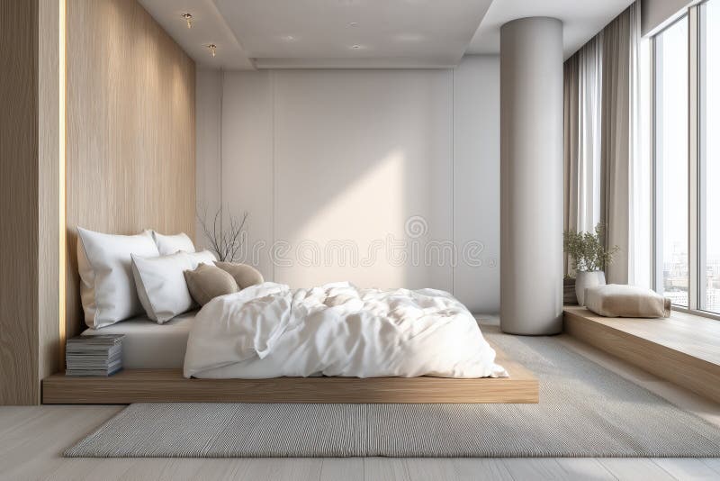 Modern Minimalist Bedroom with Wooden Platform Bed Stock Illustration ...