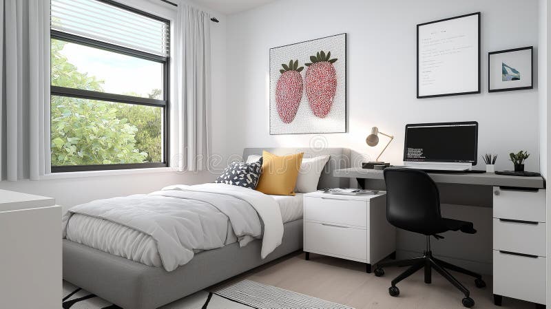 Modern Minimalist Bedroom with Workspace and Natural Light Stock Photo ...
