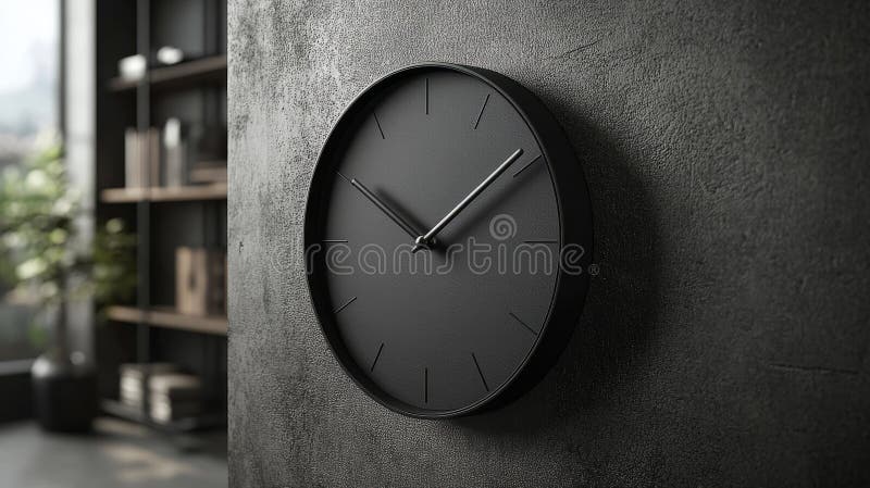 Modern Minimalist Black Clock on a Textured Wall. Stock Image - Image ...