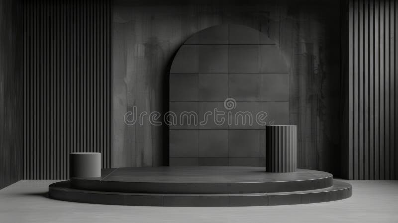 Modern Minimalist Black Exhibition Display with Arch Backdrop Stock ...