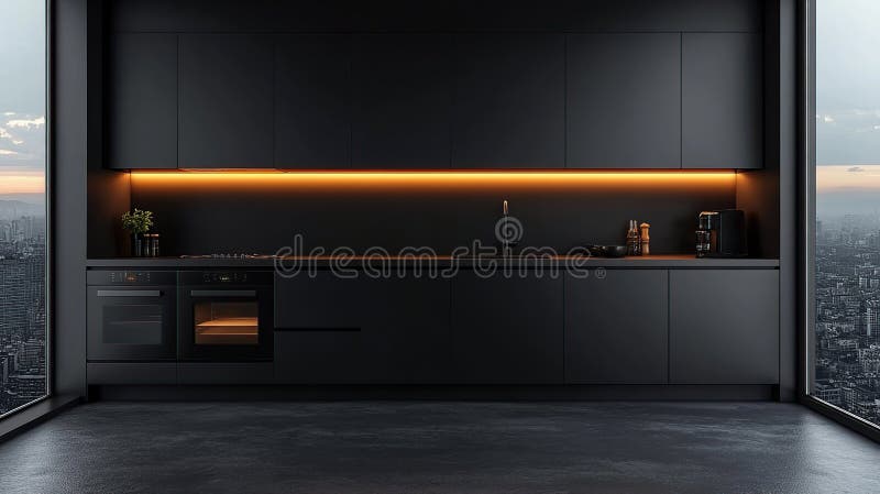 Modern Minimalist Black Kitchen with City Views Stock Illustration ...
