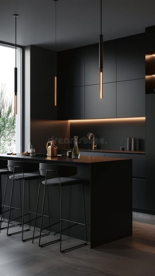 Modern Minimalist Black Kitchen Interior with Island and Bar Stools ...