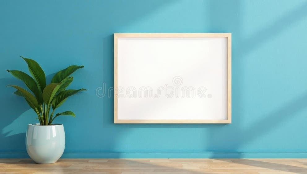 Modern Minimalist Blank Frame Against a Painted Blue Wall with Subtle ...