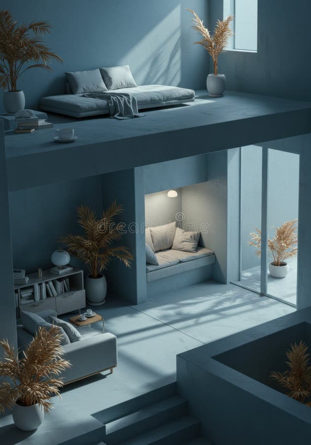 Modern Minimalist Blue Apartment Interior Design Stock Image - Image of ...