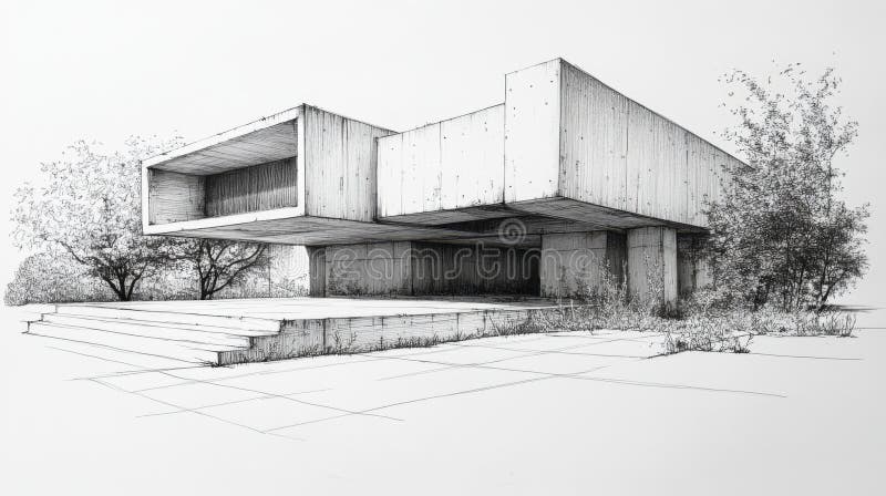Modern Minimalist Brutalist Architecture Sketch with Trees and Concrete ...