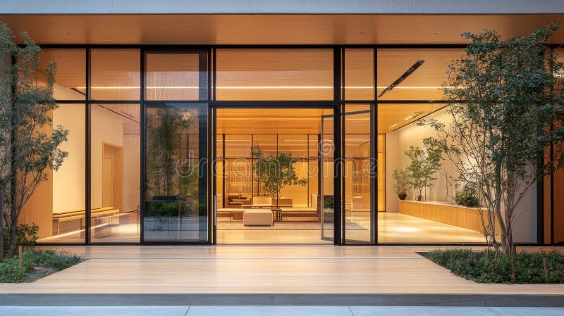 Modern Minimalist Building Lobby with Warm Lighting Stock Illustration ...