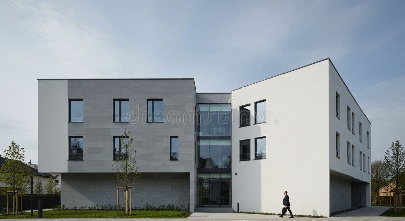 Modern, Minimalist Building with a Rectangular Design Featuring Two ...