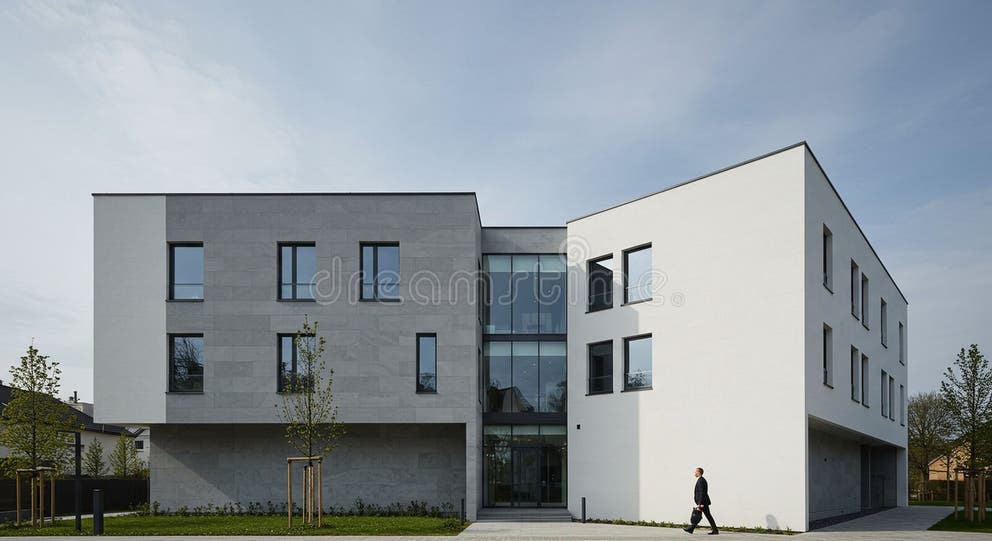 Modern, Minimalist Building with a Rectangular Design Featuring Two ...