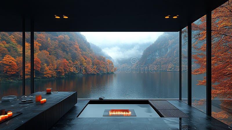 Modern Minimalist Cabin with Stunning Lake and Fall Foliage Views Stock ...