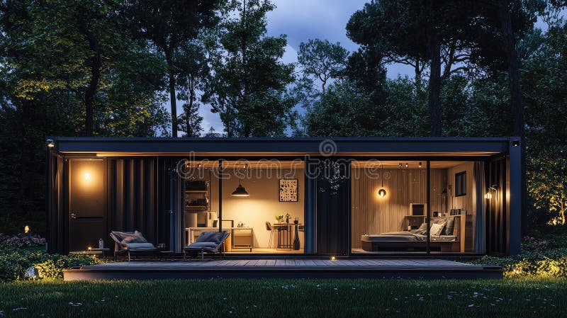 Modern Minimalist Cabin in the Woods at Night Stock Image - Image of ...