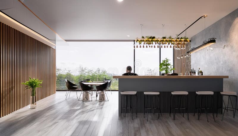 Modern Minimalist Cafe Interior with Bar Counter and Chairs. 3D ...