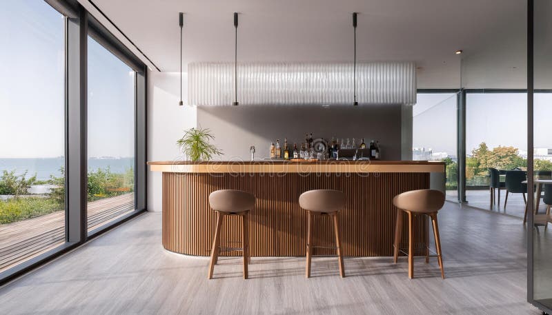 Modern Minimalist Cafe Interior with Bar Counter and Chairs. 3D ...