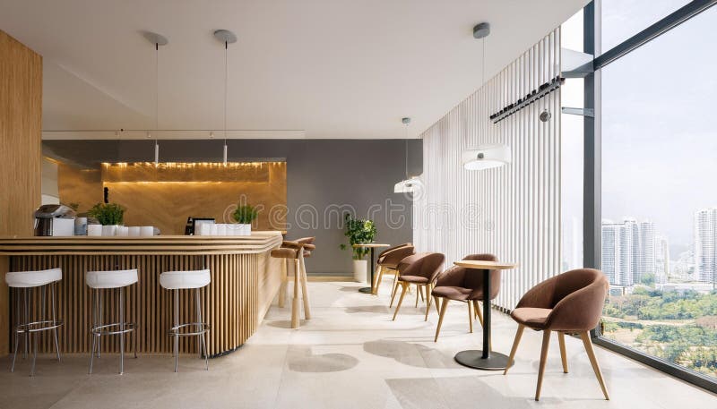 Modern Minimalist Cafe Interior with Bar Counter and Chairs. 3D ...