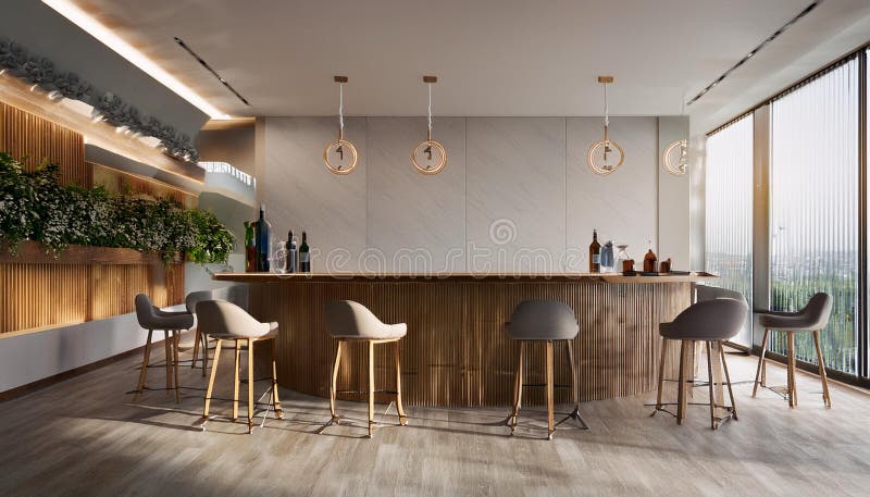 Modern Minimalist Cafe Interior with Bar Counter and Chairs. 3D ...
