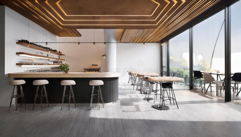 Modern Minimalist Cafe Interior with Bar Counter and Chairs. 3D ...