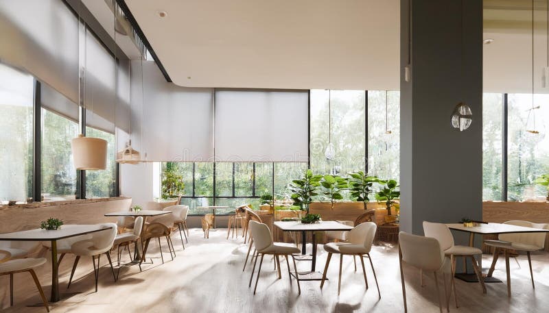 Modern Minimalist Cafe Interior with Large Windows and Natural Light ...