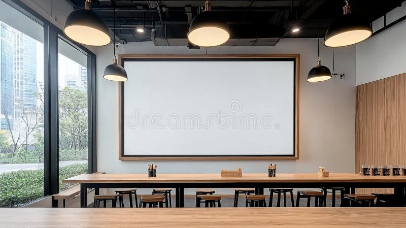 Modern, Minimalist Cafe Interior with Long Wooden Table, Stools, and ...