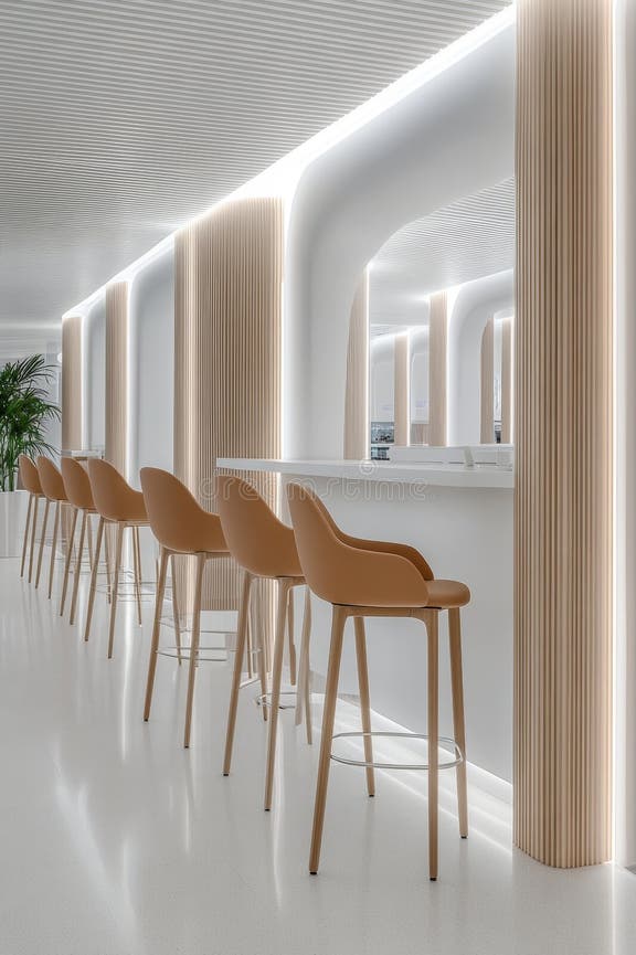 Modern Minimalist Cafe Interior with a Row of Empty Bar Stools and a ...