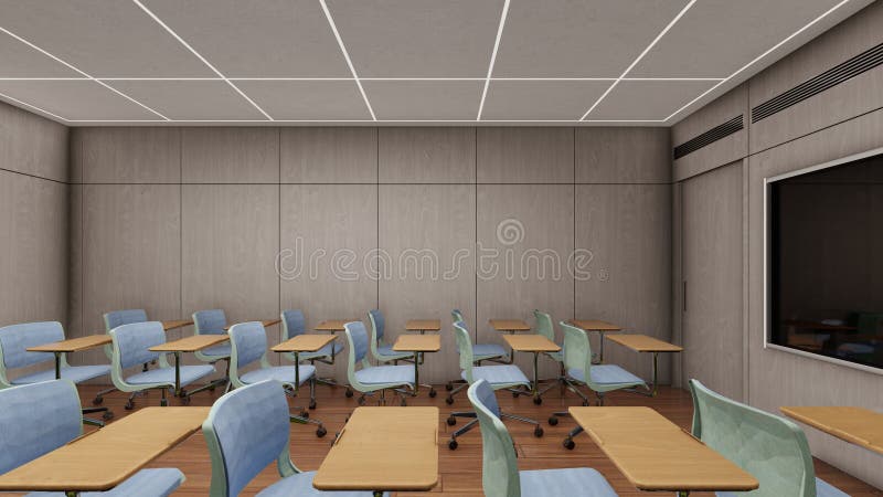 Modern Minimalist Classroom with Wood Paneling and Sleek Lighting ...