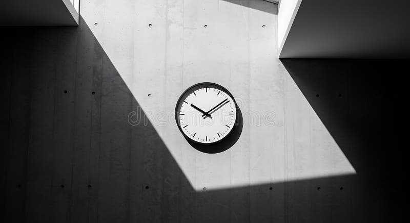 Modern Minimalist Clock: Sunlit Concrete Wall, Black Frame, White Face ...