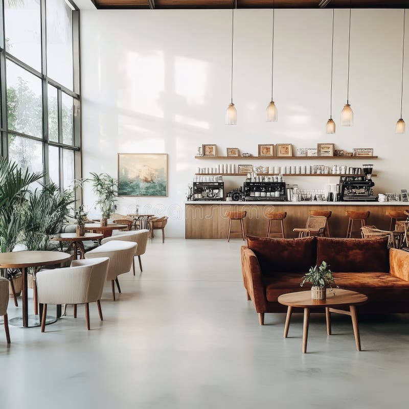 Modern, Minimalist Coffee Shop Interior with Large Windows, Natural ...