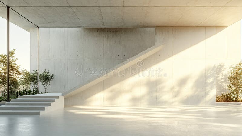 Modern Minimalist Concrete House Interior with Staircase, Large Windows ...