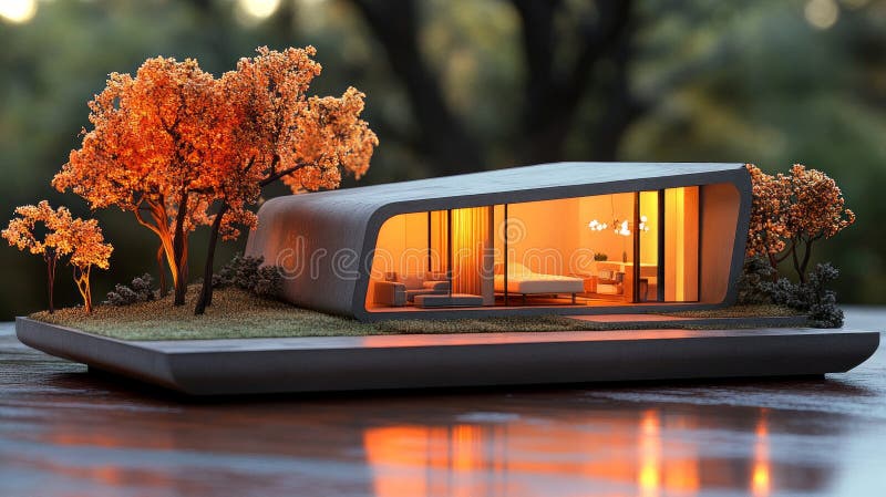 Modern Minimalist Concrete House Model with Autumn Trees at Sunset ...